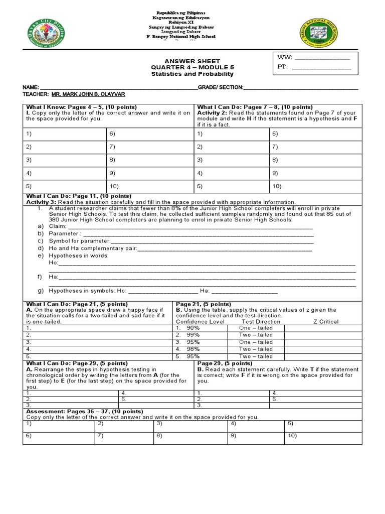 WW: - PT: - : Answer Sheet Quarter 4 - Module 5 Statistics and ...