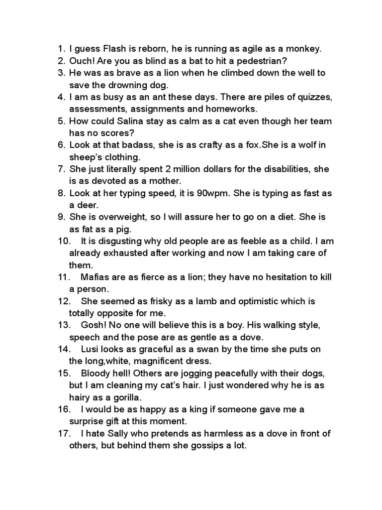 Similes in Example Sentences | PDF