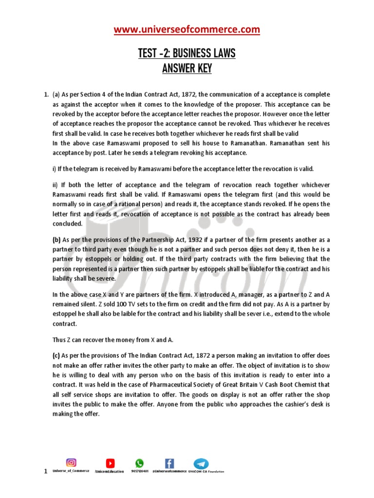 T Test - 2: Business Laws Answer Key | PDF | Consideration | Partnership