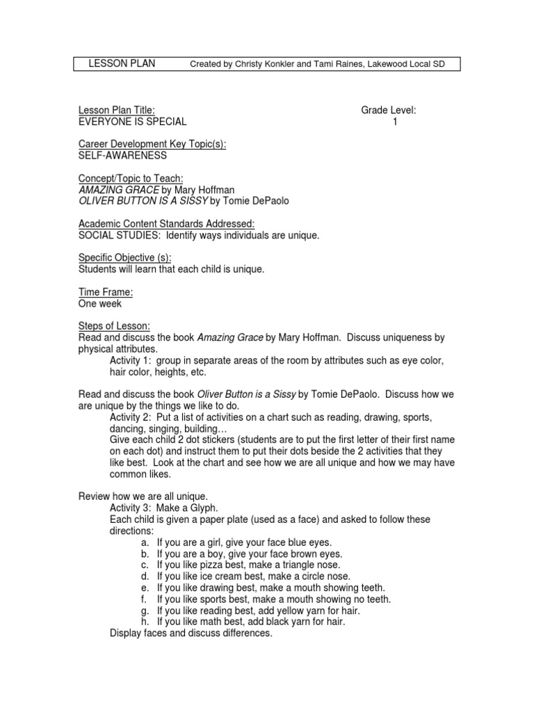 Unique and Special | PDF | Lesson Plan | Cognition