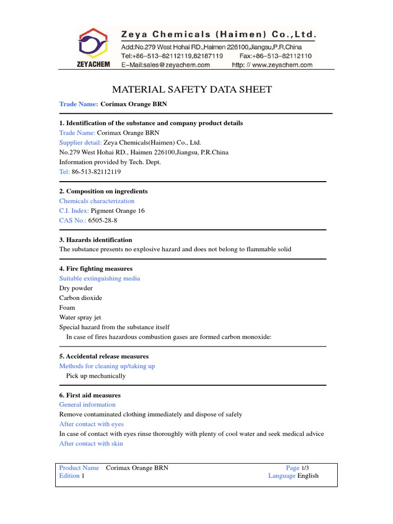 MSDS Pigment Orange 16 | PDF | Chemical Substances | Chemistry