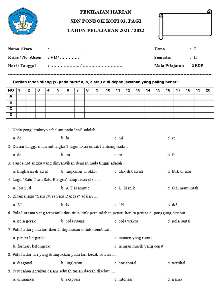 Ulangan SBDP Tema 7 | PDF