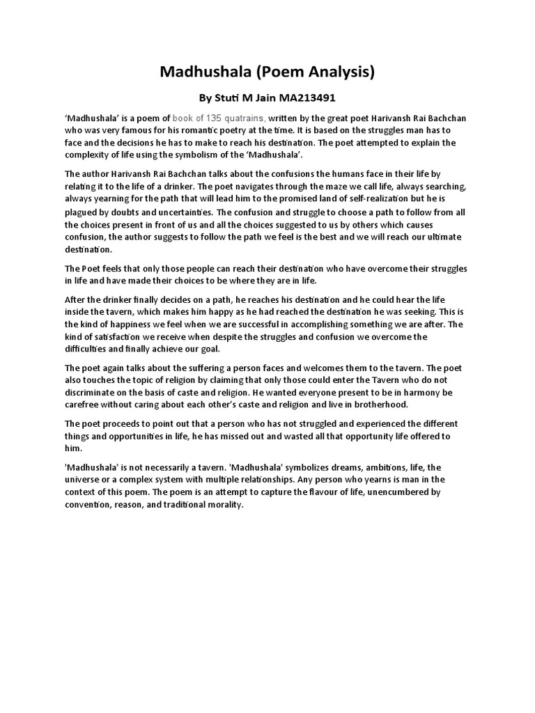 Madhushala (Poem Analysis) : by Stuti M Jain MA213491 | PDF | Poetry