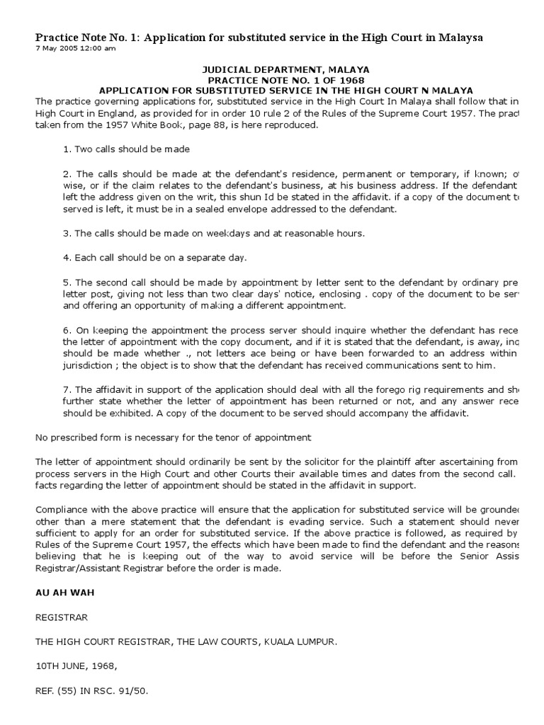 Practice Note No. 1 - Application For Substituted Service in The High ...