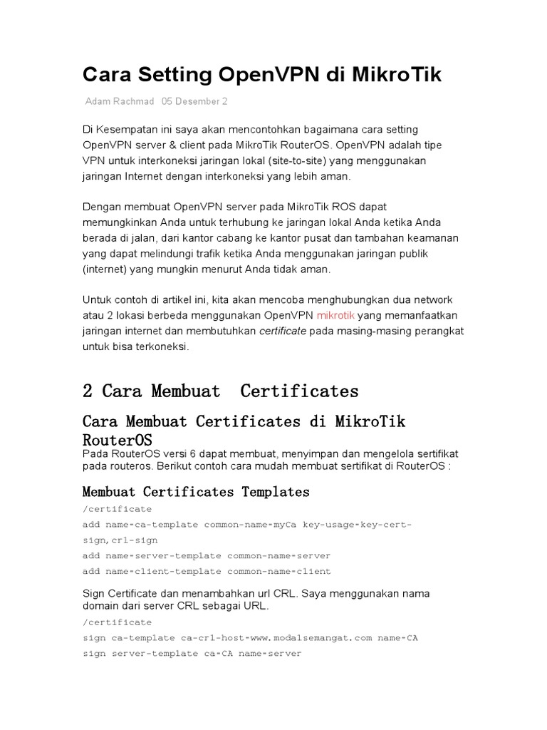 Cara Setting Certifikat OpenVPN Di MikroTik | PDF