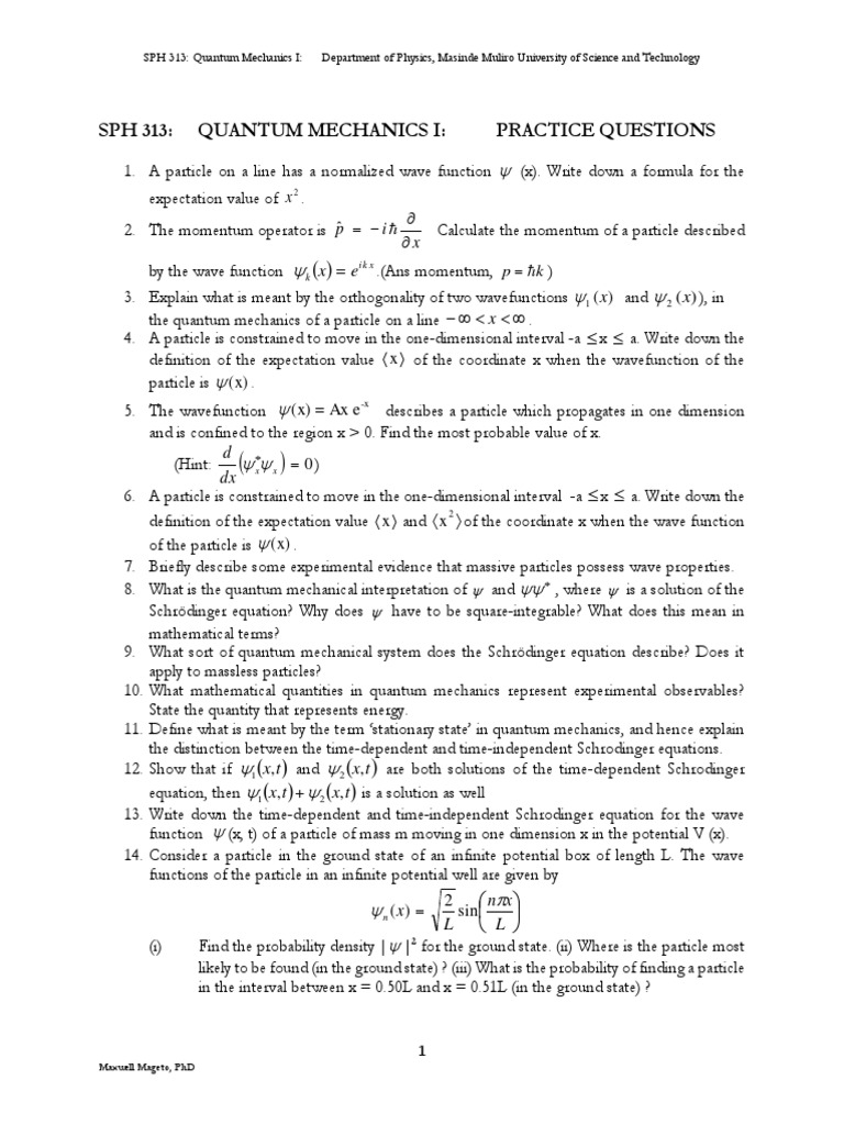 Chapter - 10 Quantum Mechanics I Practice Questions-1 | Download Free PDF | Wave Function ...