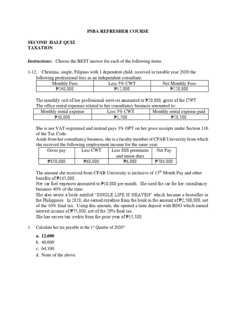TAX Quiz 2 | PDF | Taxes | Tax Deduction
