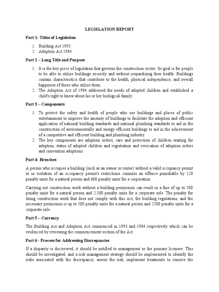 Legislation Report Part 1: Titles of Legislation | PDF | Adoption | Risk
