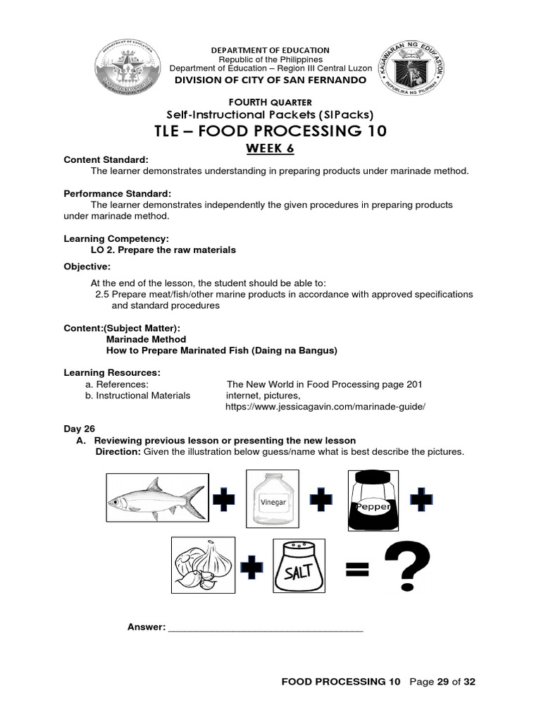 Q4 TLE Food Processing 10 Week 6 | PDF | Marination | Foods