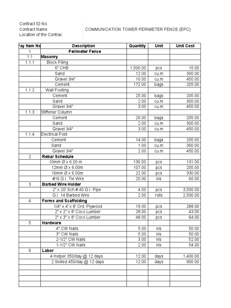 Pay Item No. Description Quantity Unit Unit Cost Perimeter Fence ...