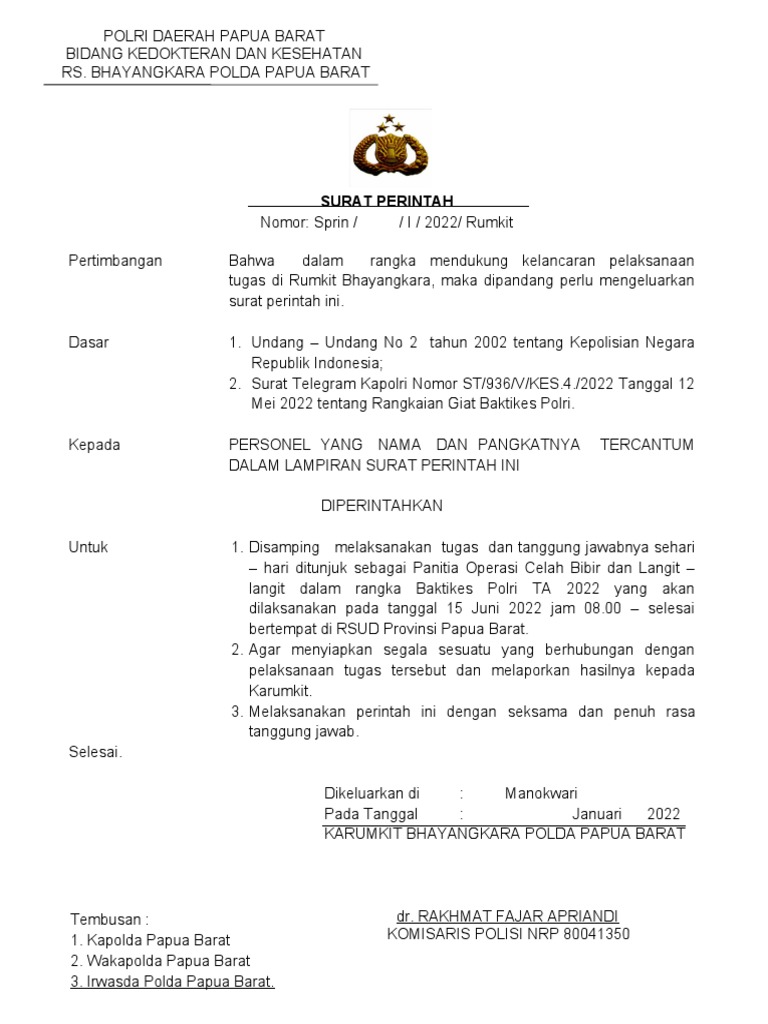 Surat Perintah Tugas Baktikes Polri 2022 | PDF