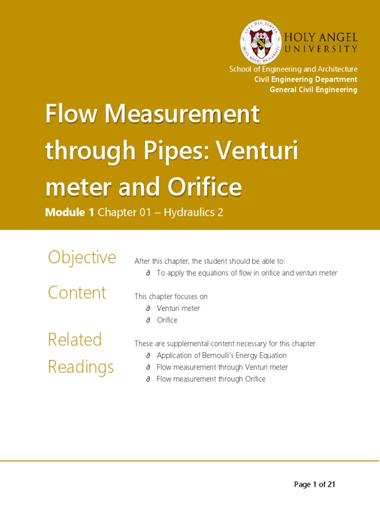 HYDRAULICS2 Chapter 01 Venturi Meter and Orifice | PDF | Flow ...