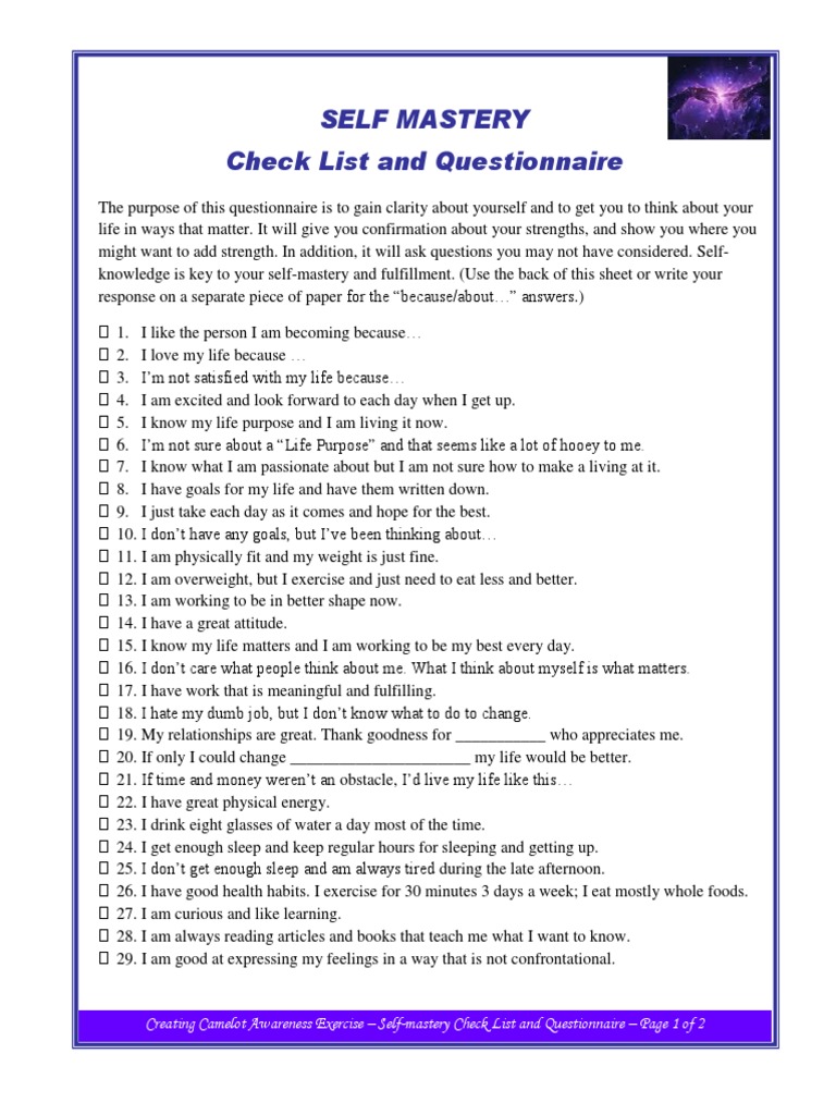 Self Mastery Check List and Questionnaire | PDF | Psychological ...