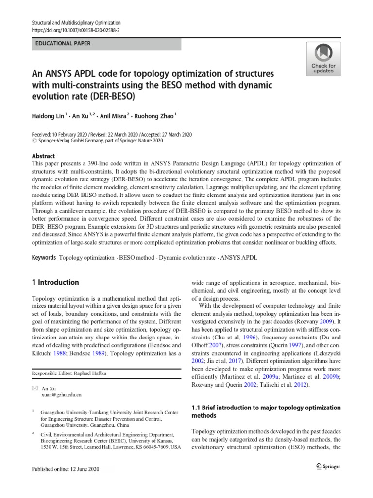 An ANSYS APDL Code For Topology Optimization of Structures With Multi-Constraints Using The BESO ...