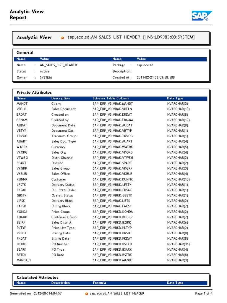Sap - Ecc.sd - AN SALES LIST HEADER | PDF | Data Type | Object ...