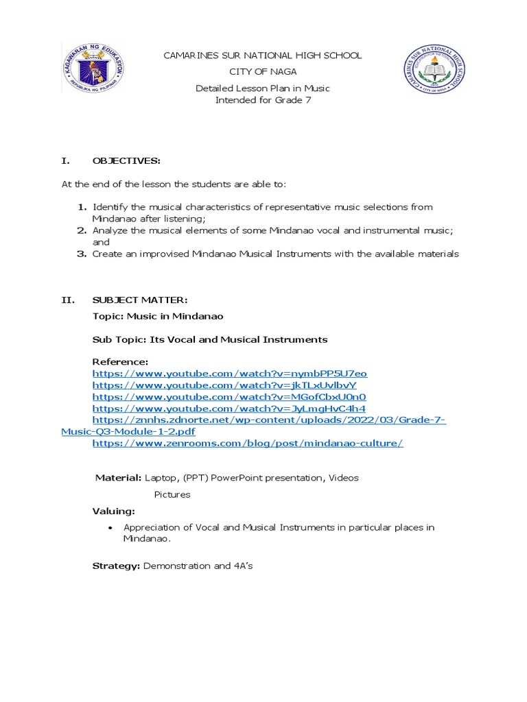 Grade 7 Music Lesson Plan: Mindanao Instruments | PDF | Tempo | Harmony