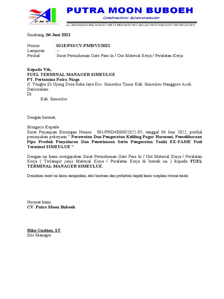 Gate Pass Fuel Terminal Simeulue | PDF