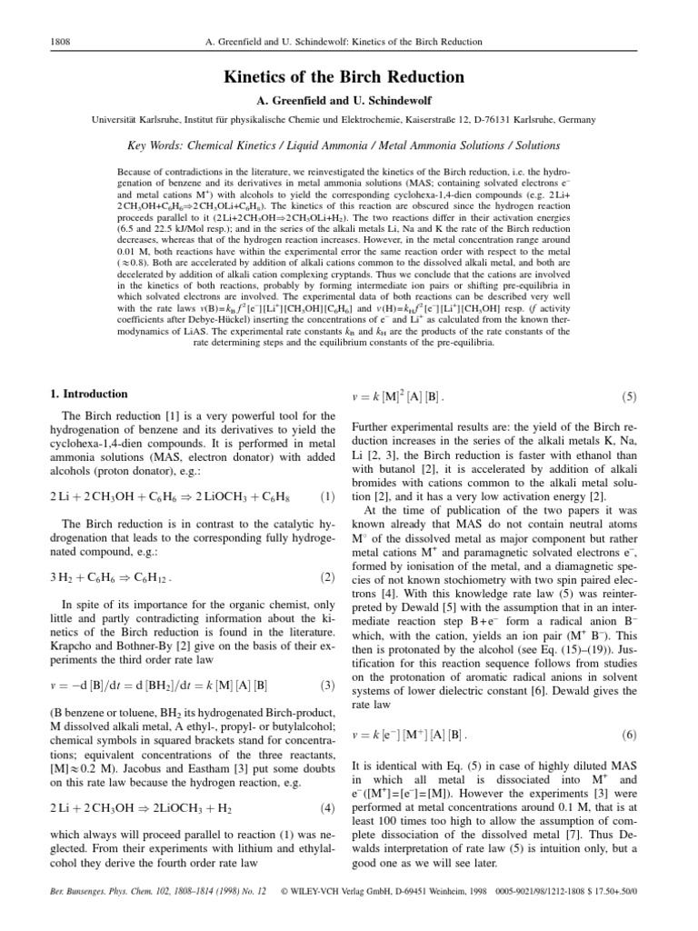 Kinetics of The Birch Reduction: Key Words: Chemical Kinetics / Liquid ...