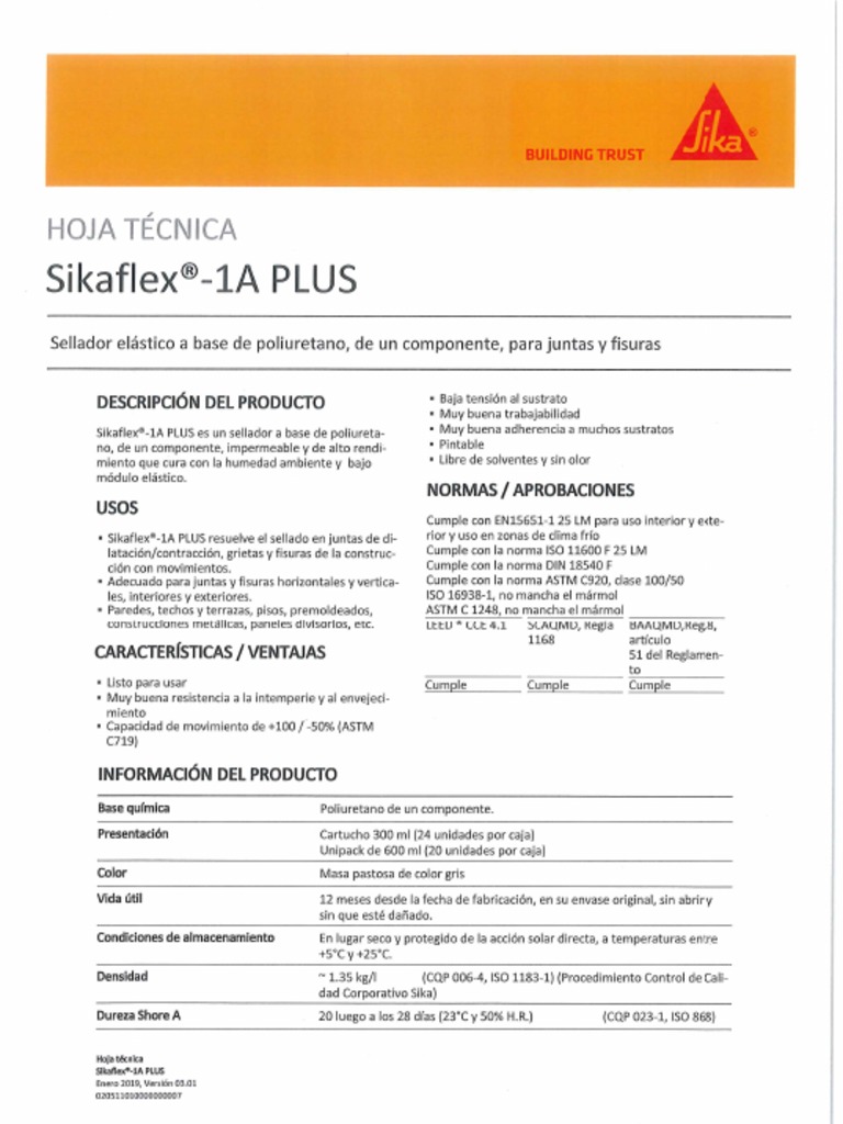 Hoja Tecnica Sikaflex 1a Plus | PDF