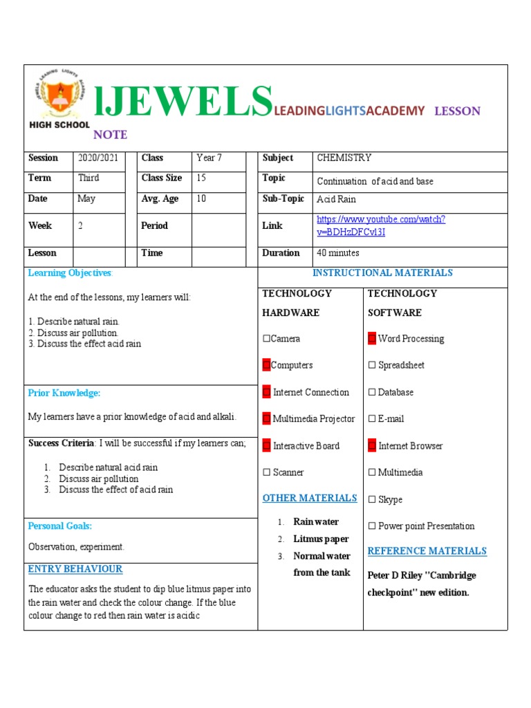 Year 7 FT Lesson Plan WK 2 | PDF | Soil | Sulfur