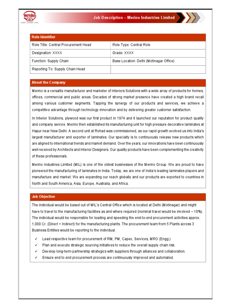 JD - Central Procurement Head | PDF | Procurement | Supply Chain
