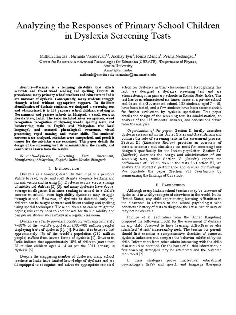 Dyslexia Screening in Primary Schools | PDF | Dyslexia | Learning ...