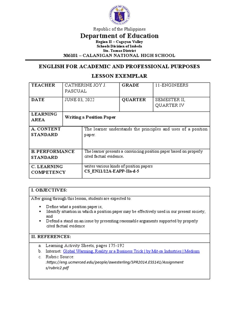 LESSON-EXEMPLAR POSITION PAPER CO-template | PDF | Teachers | Learning