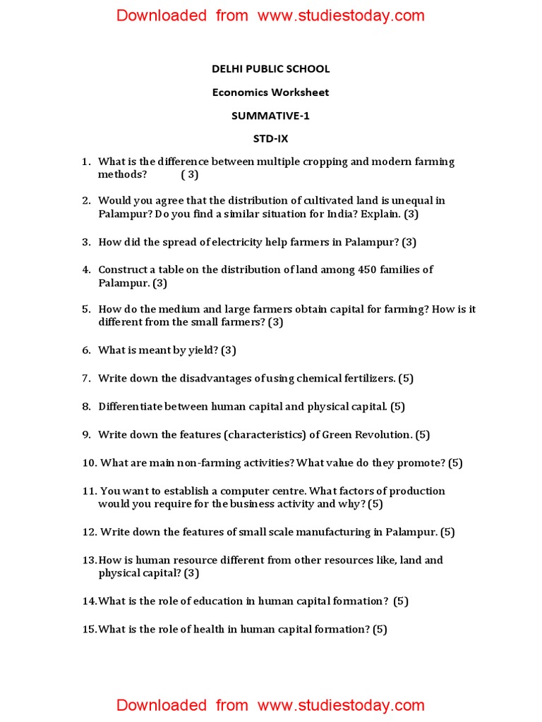 CBSE Class 9 Economics Revision Worksheet Set B | PDF