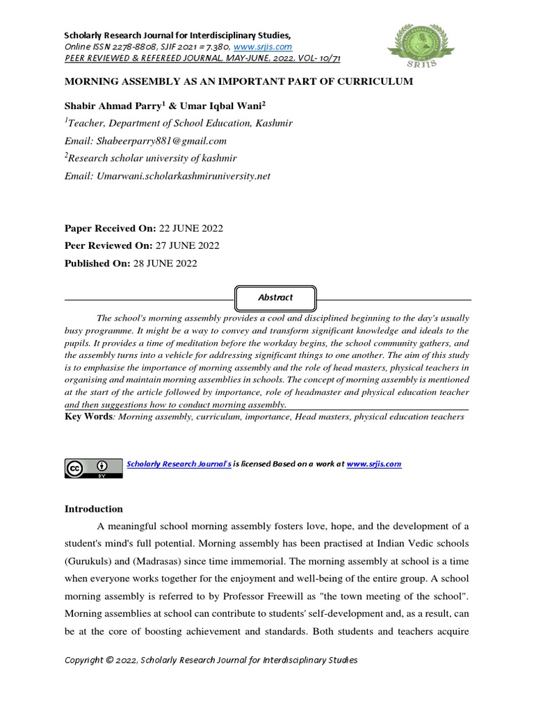 Morning Assembly As An Important Part of Curriculum | PDF | Teachers ...