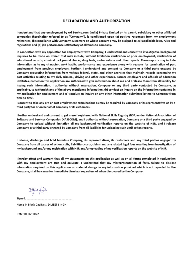 Declaration and Authorisation Form | PDF | Background Check | Common Law