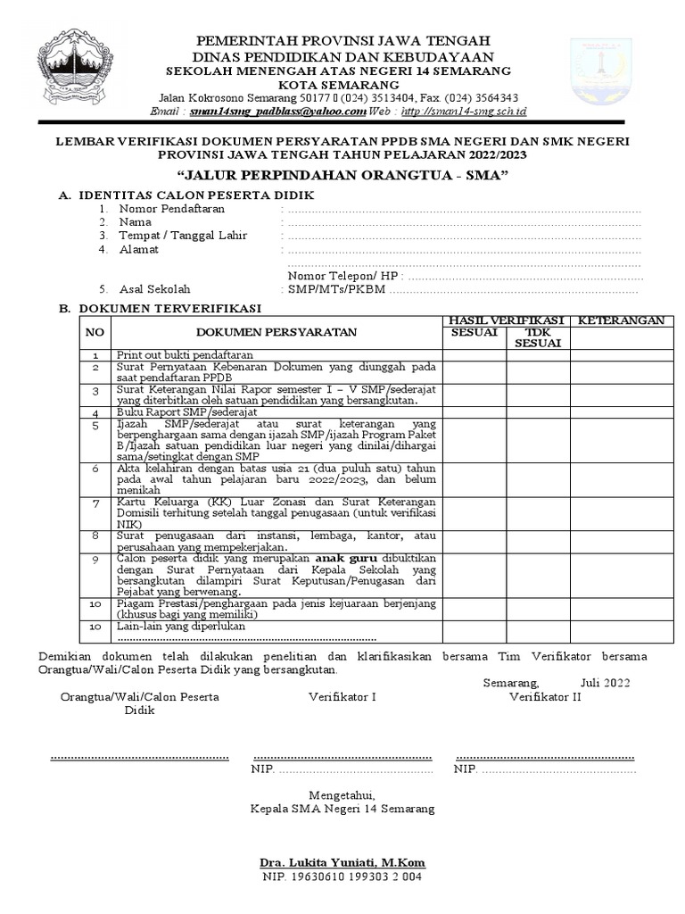 Form Verifikasi Berkas PPDB Sman 14 Semarang Ta 2022-2023 | PDF ...