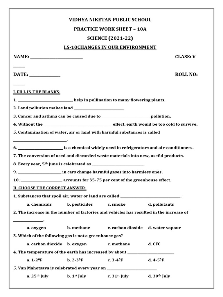 Science Practice Worksheet on Environment | PDF | Atmosphere Of Earth ...