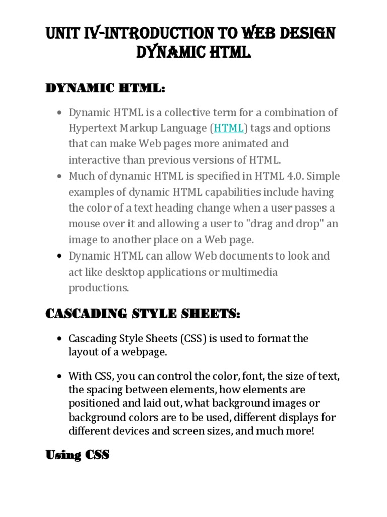 Unit Iv-Introduction To Web Design Dynamic HTML | PDF | Html | Dynamic Html