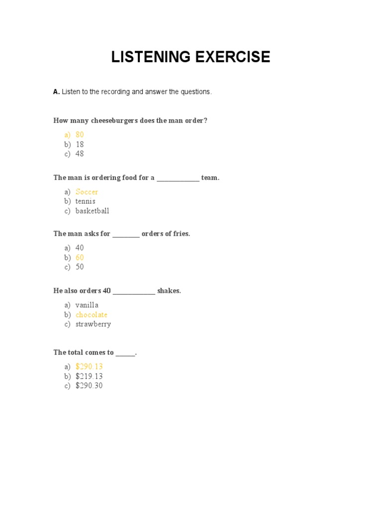 Cheeseburger Order Listening Exercise | PDF | Sports & Recreation