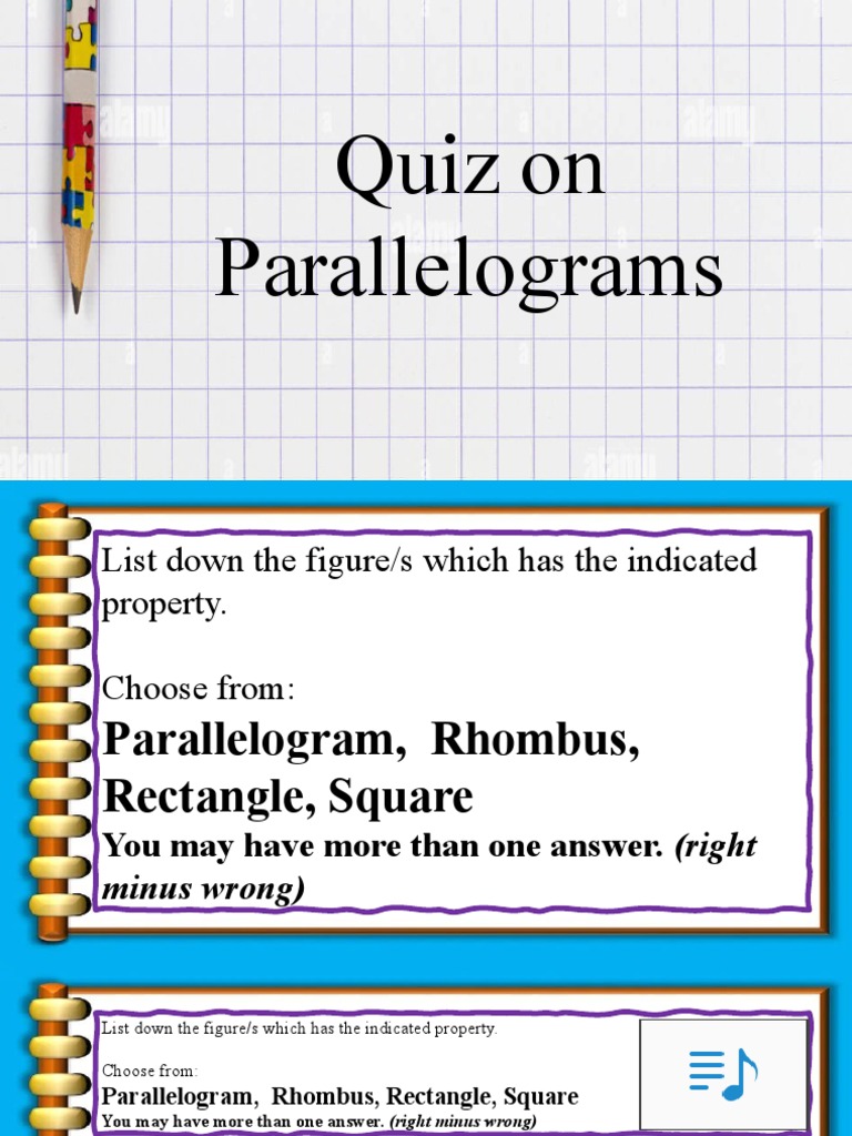 Quiz on Parallelograms Properties | PDF | Rectangle | Perpendicular