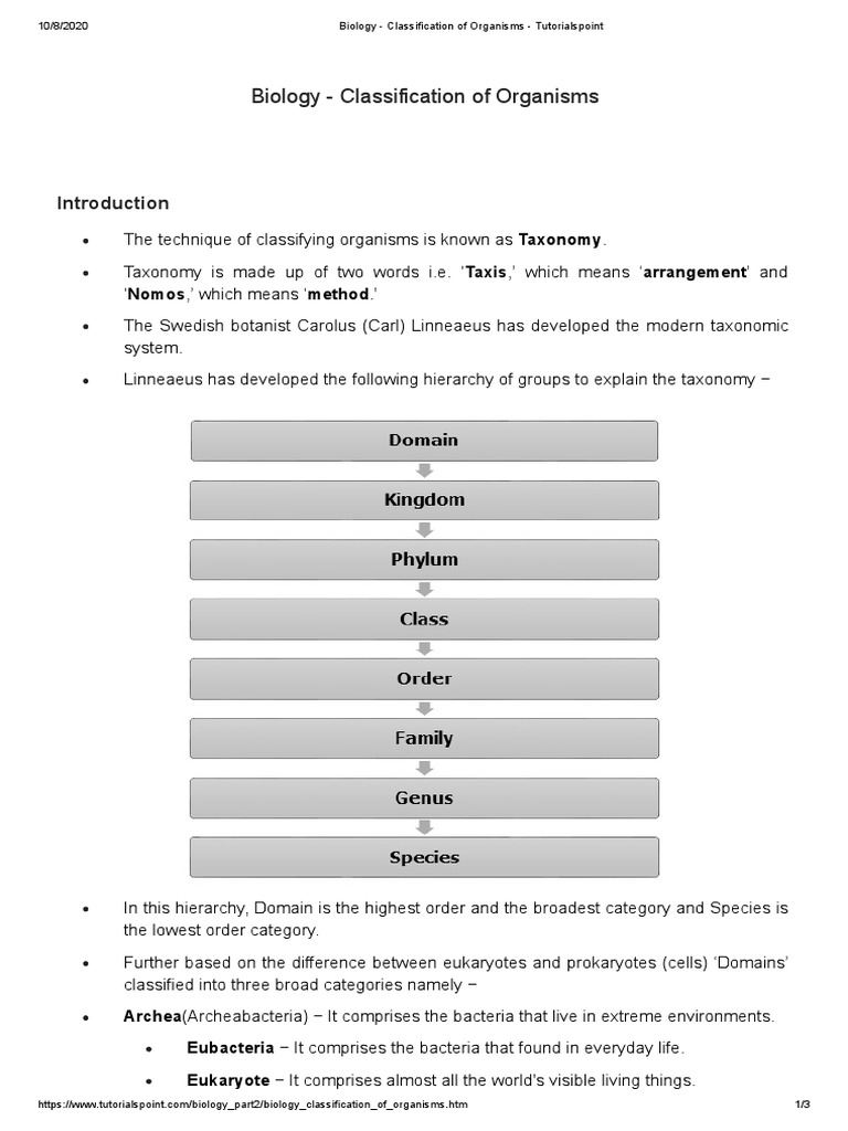 Biology - Classification of Organisms - Tutorialspoint | PDF ...
