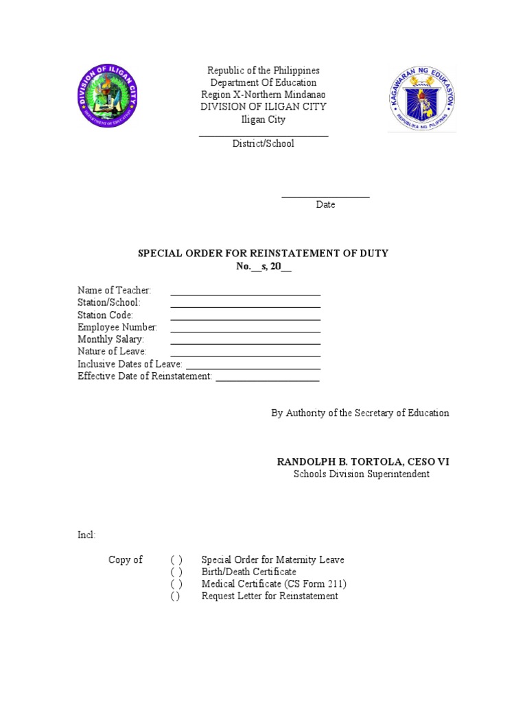 Special Order For Reinstatement of Duty No. - S, 20 | PDF