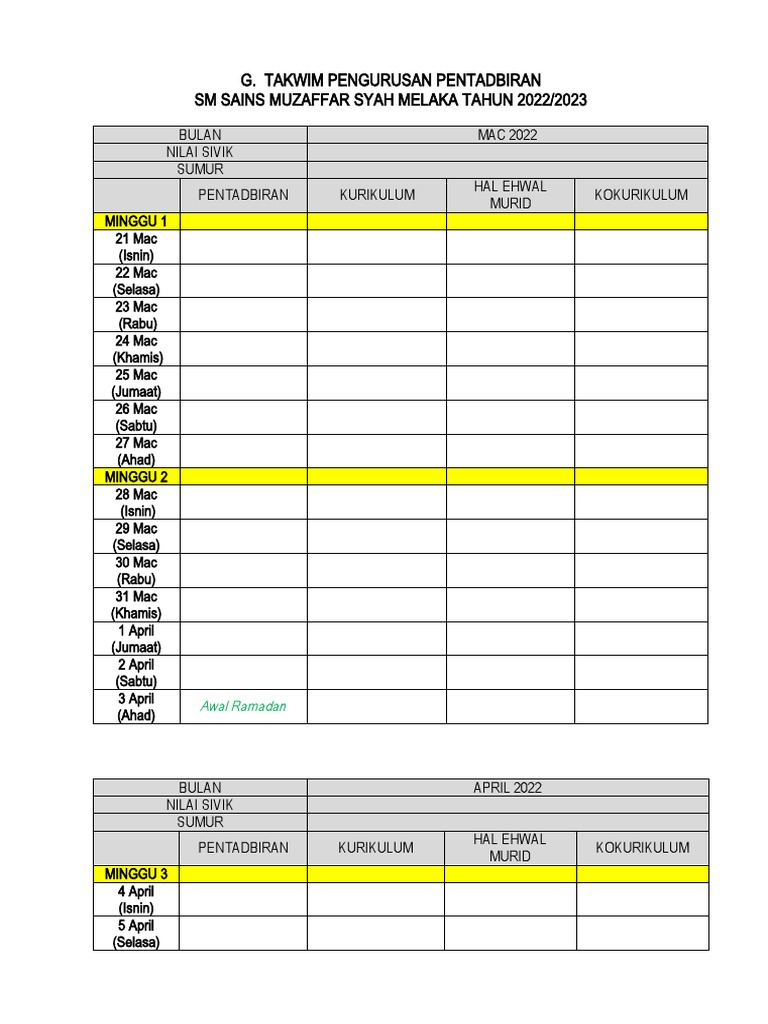 jadual kosong - TAKWIM PENGURUSAN 2022-2023 | PDF