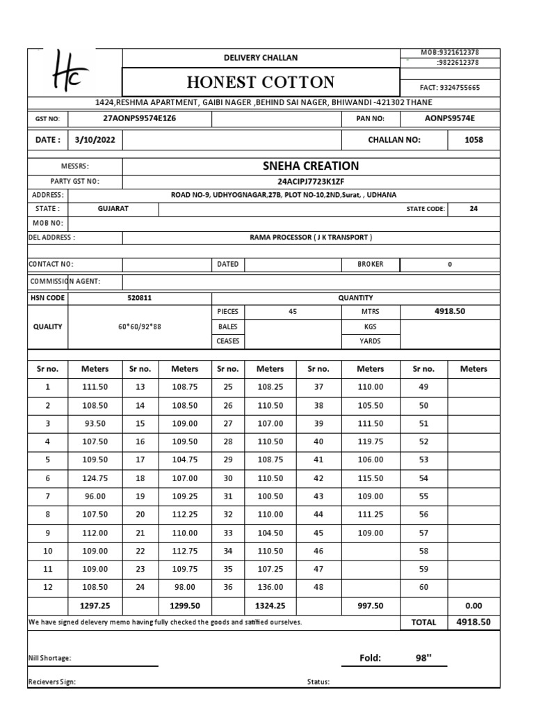 Delivery Challan for Radha Krishna Sales | PDF | Economies | Textiles