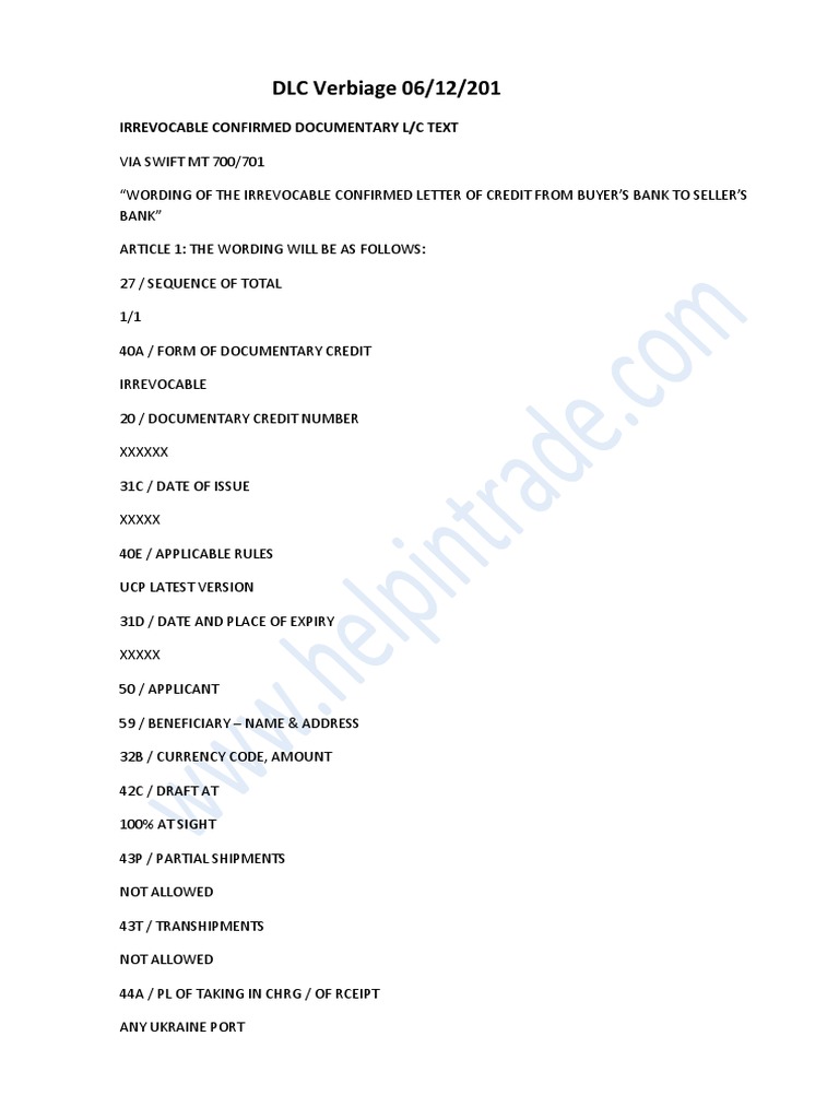 DLC Verbiage 06/12/201: Irrevocable Confirmed Documentary L/C Text ...