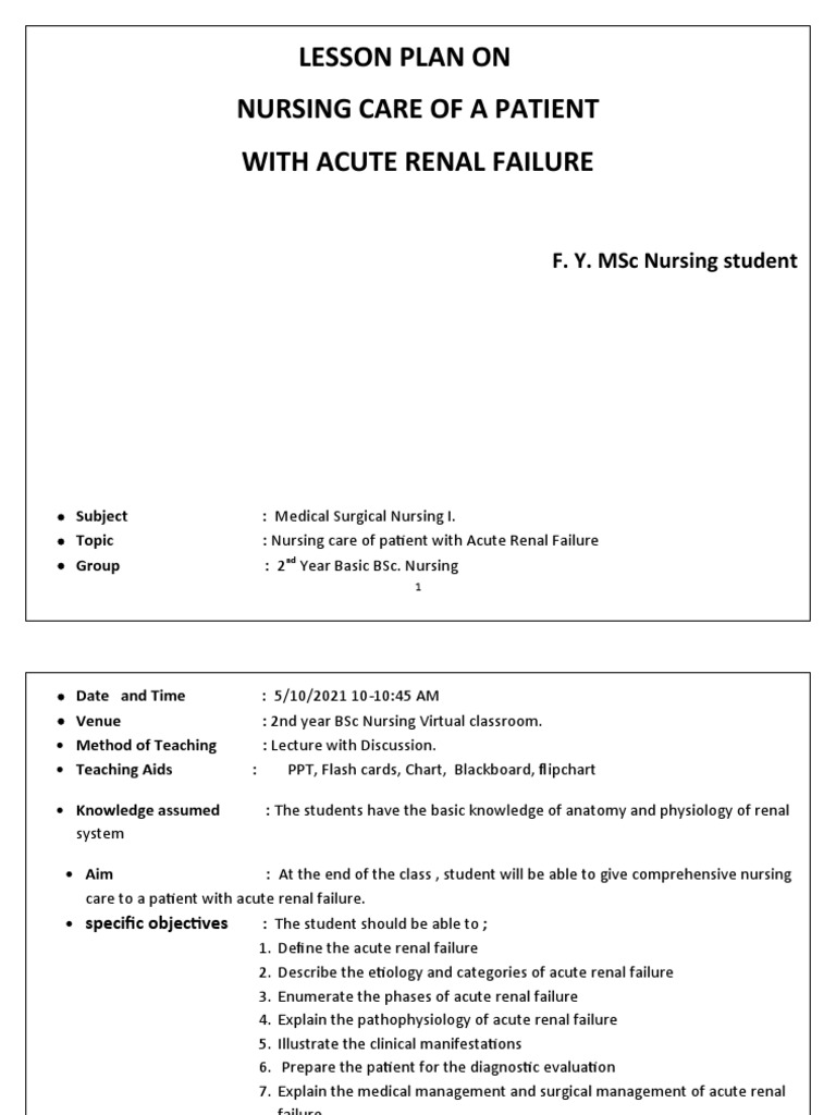 Lesson Plan On Nursing Care of A Patient With Acute Renal Failure | PDF ...