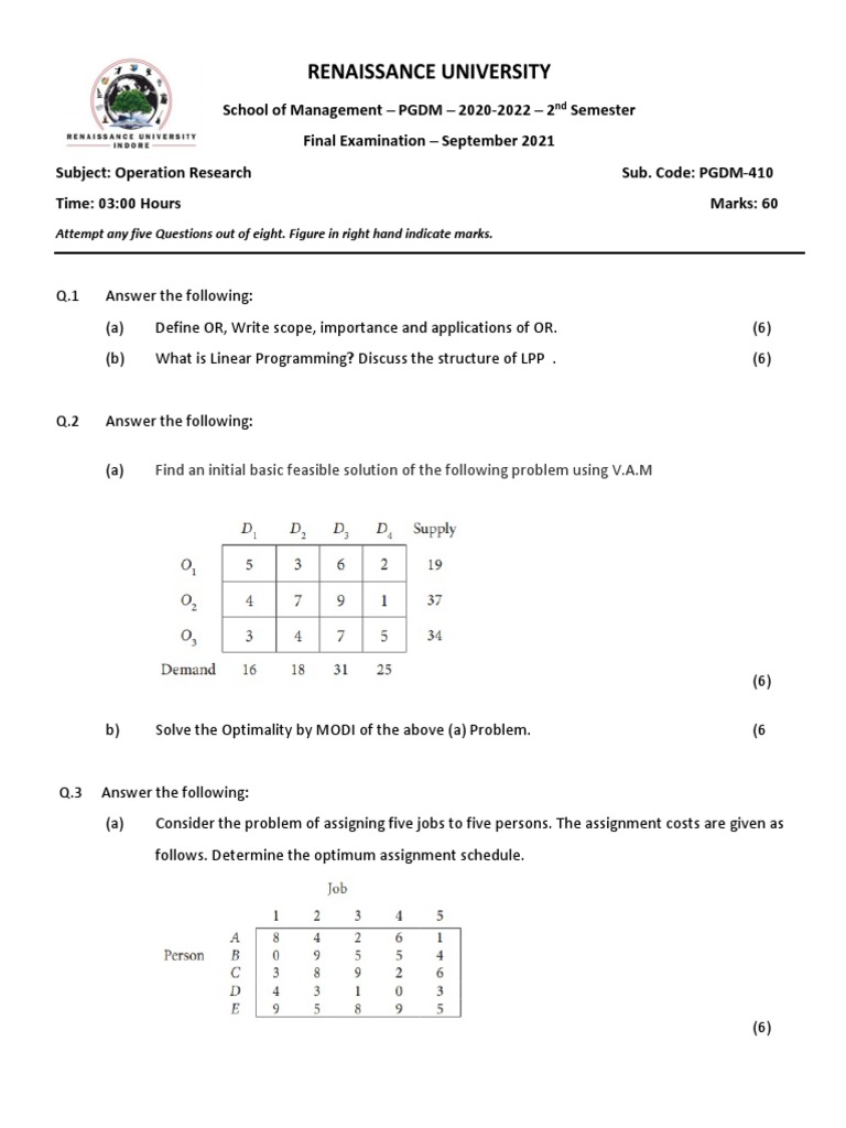 RU SOM PGDM 2020 2022 II Sem PGDM 410 Operation Research Final Exam Question Paper PDF | PDF ...