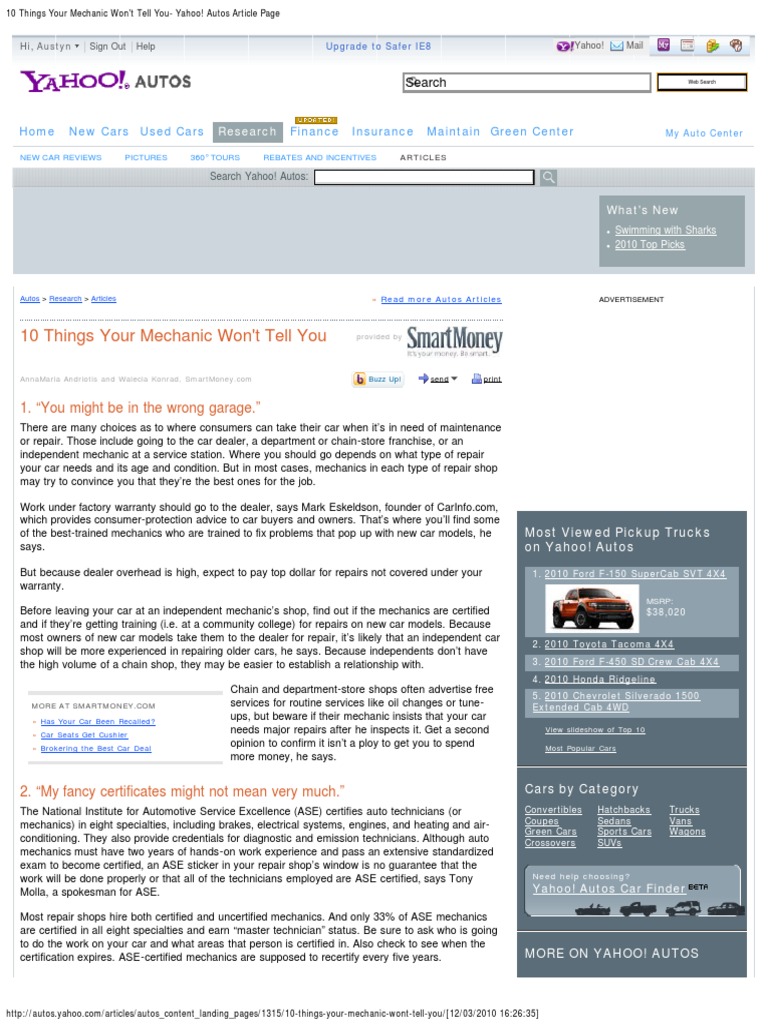 10 Things Your Mechanic Won't Tell You - Yahoo! Autos Article Page | PDF | Car | Industries