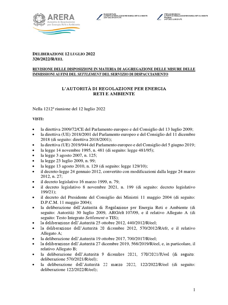 Delibera 12 Luglio 2022 320/2022/r/eel | PDF