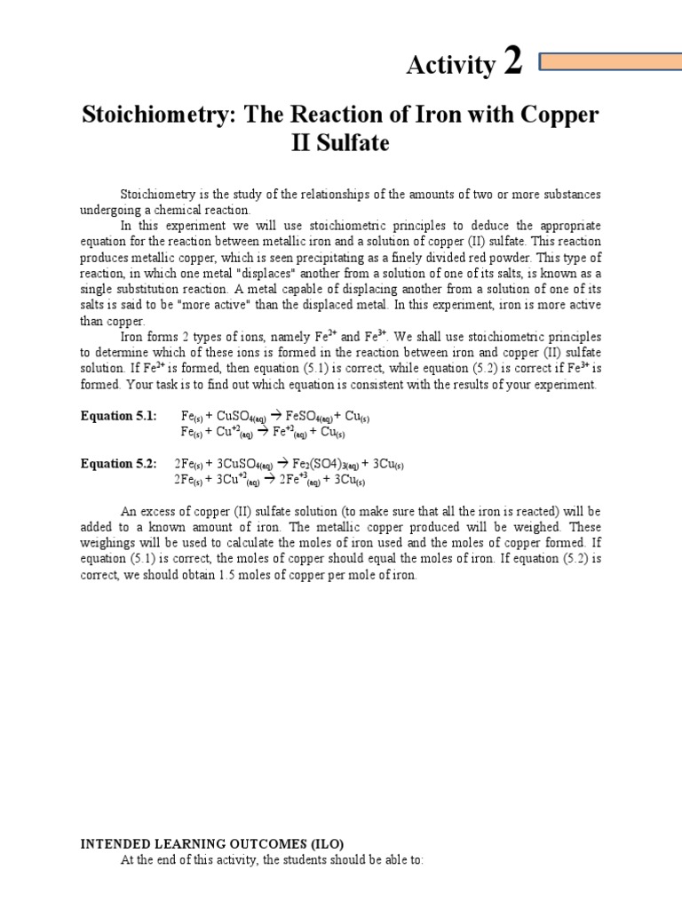 Stoichiometry The Reaction of Iron With Copper II Sulfate | PDF ...
