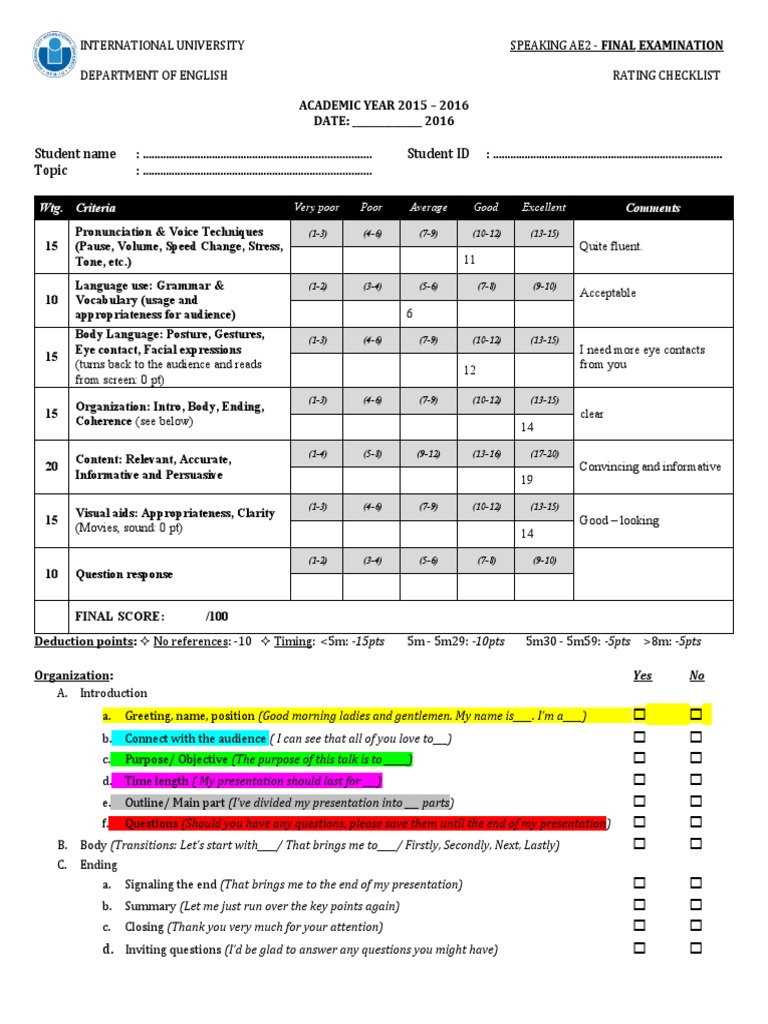 SPEAKING AE2 Final - Marksheet | PDF | Body Language | Communication
