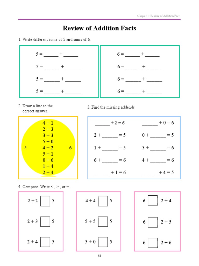 Review of Addition Facts: 1. Write Different Sums of 5 and Sums of 6 ...