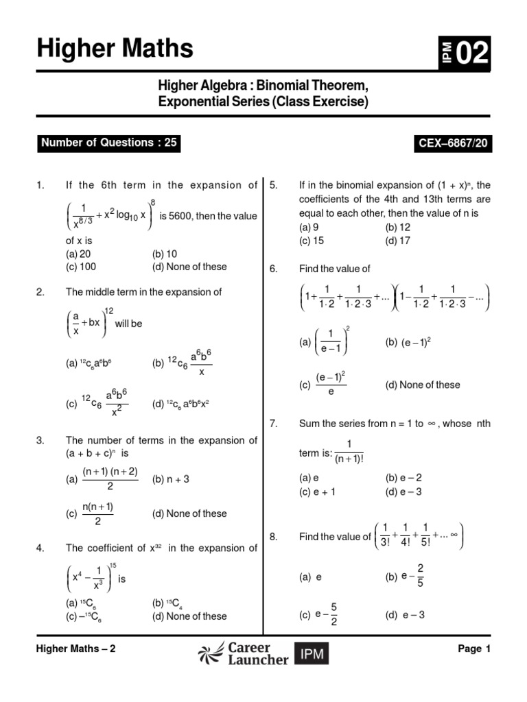 Higher Maths: Higher Algebra: Binomial Theorem, Exponential Series (Class Exercise) | PDF ...