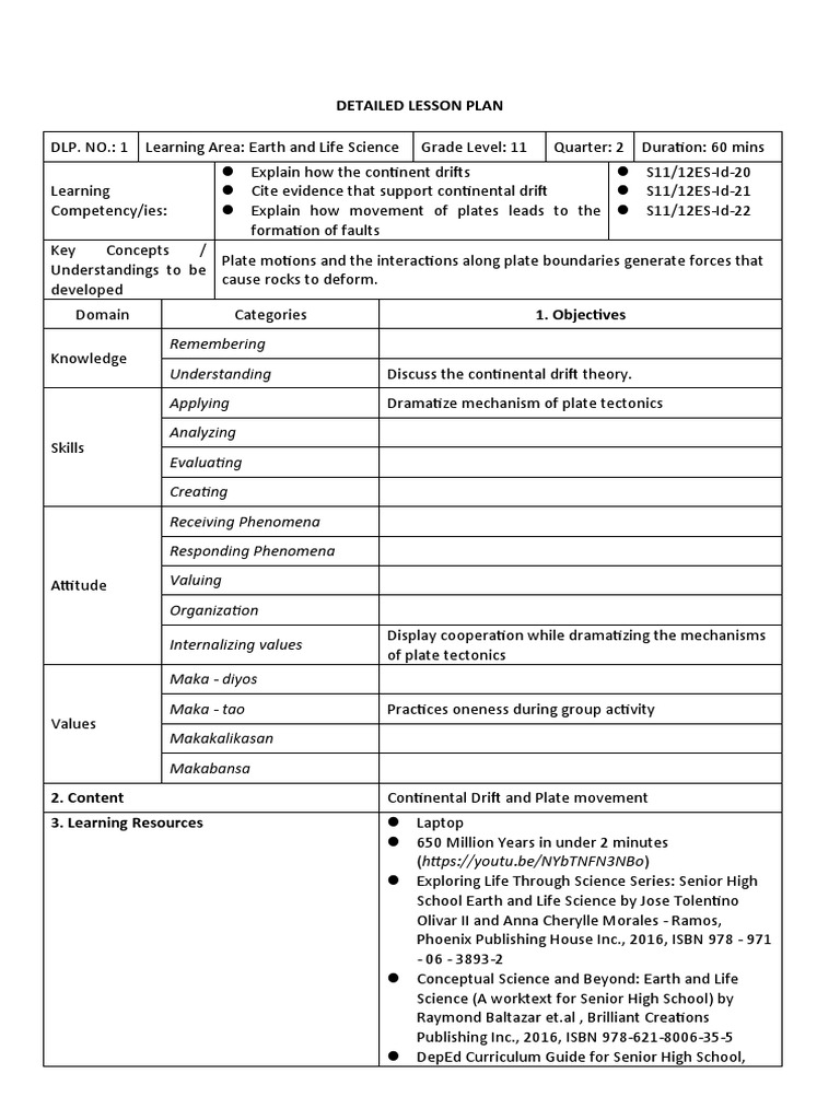 Detailed Lesson Plan | PDF | Plate Tectonics | Geology