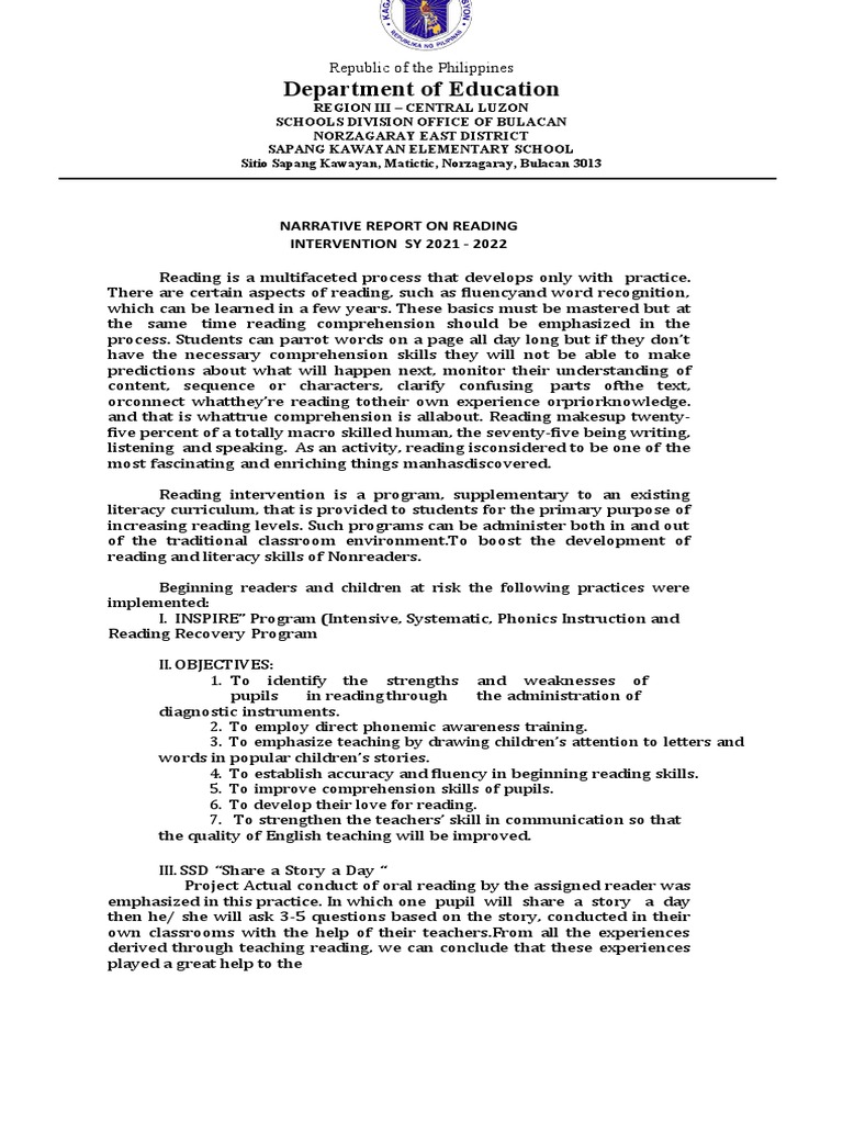 Narrative Report On Reading Intervention Sy 2020 2021 | PDF | Reading ...